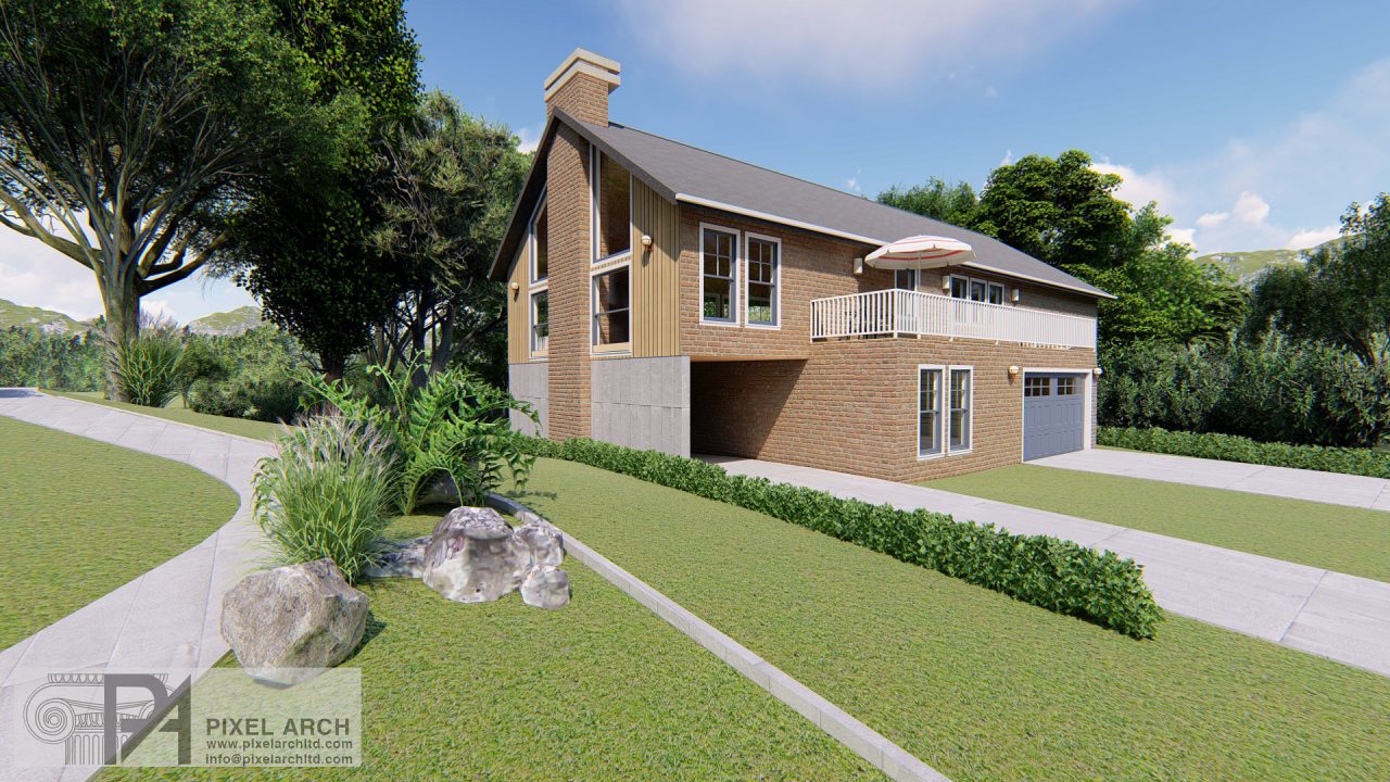 3D Exterior Rendering of Stylish Brick Veneer Exterior Wall